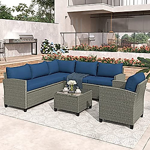 EMKK Outdoor Patio Furniture Conversation Set 5 Pieces All Weather PE Wicker Rattan Sectional Sofa Couch with Cushions and Glass Table for Lawn, Backyard, Garden, C-Blue