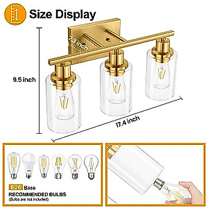 3-Light Brushed Gold Bathroom Light Fixtures, Brushed Brass Vanity Light Fixture Modern Bath Wall Sconce Lighting Wall Mount Lights Over Mirror with Clear Glass Shade for Living Room Bedroom Hallway