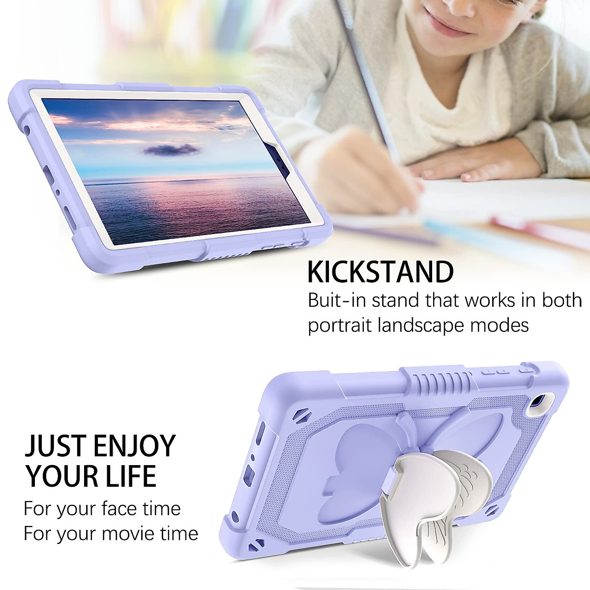 DUEDUE Design for Samsung Galaxy Tab A7 Lite 8.7” Case Butterfly Wings Kickstand Heavy Duty Shockproof Cute Full Protective Tablet Cover for Galaxy Tab A7 Lite 8.7 2021 Kids, Beige/Purple