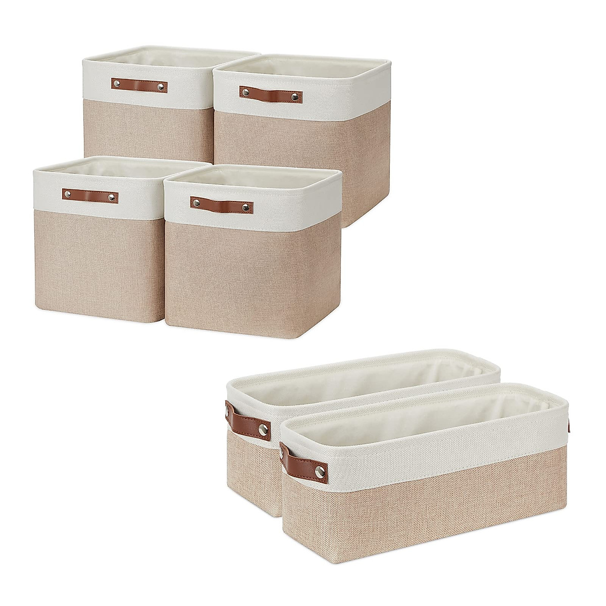 DULLEMELO Collapsible Bundle Baskets 2 Narrow Baskets 15"x6"x5.5" + 4 Cube Baskets 13"x13"x13"（White&Khaki)
