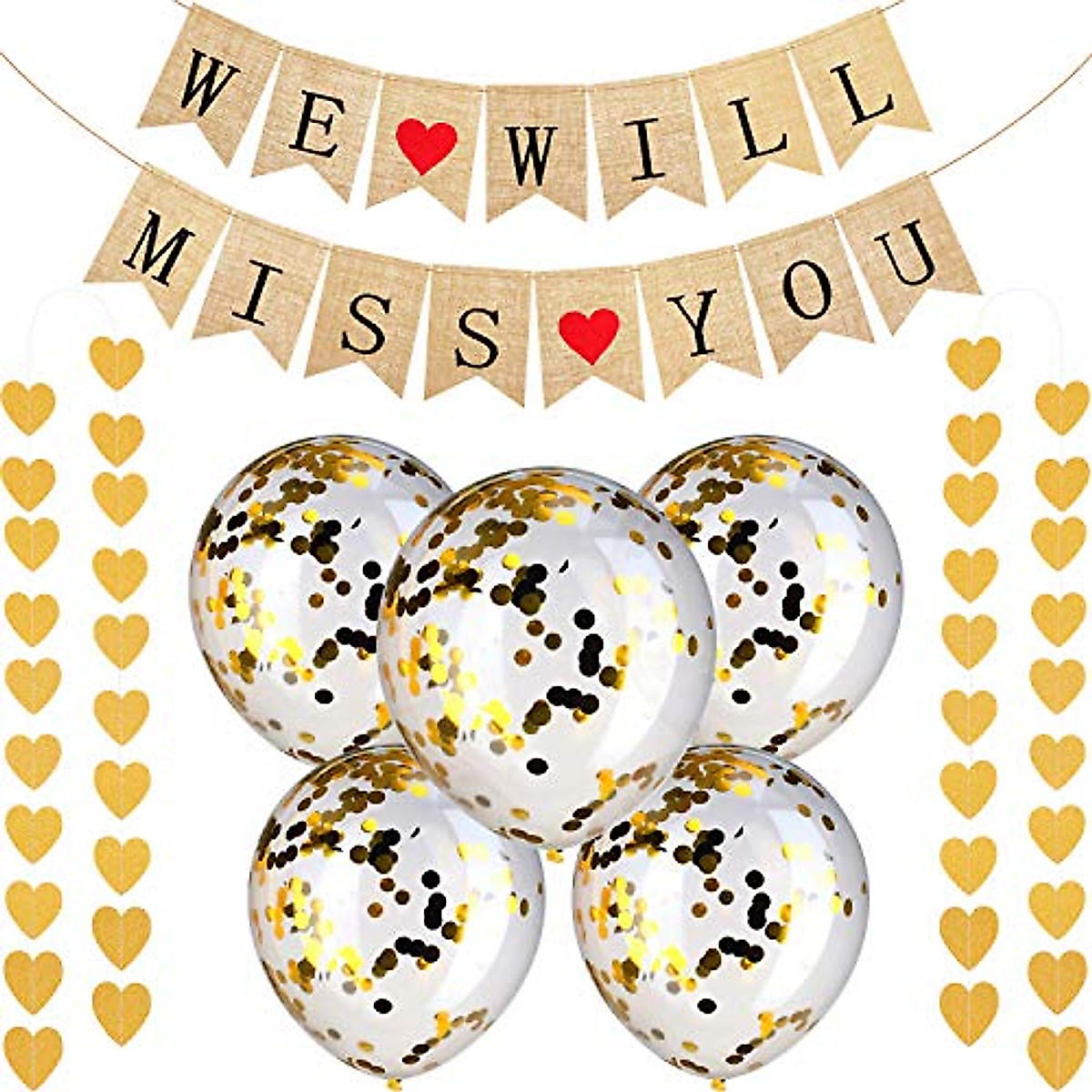 We Will Miss You Banner Burlap Bunting Banner Garland Flags Gold Confetti Balloons for Valentine's Day Wedding Party Going Away Party Office Work Party Farewell Party Decorations Supplies