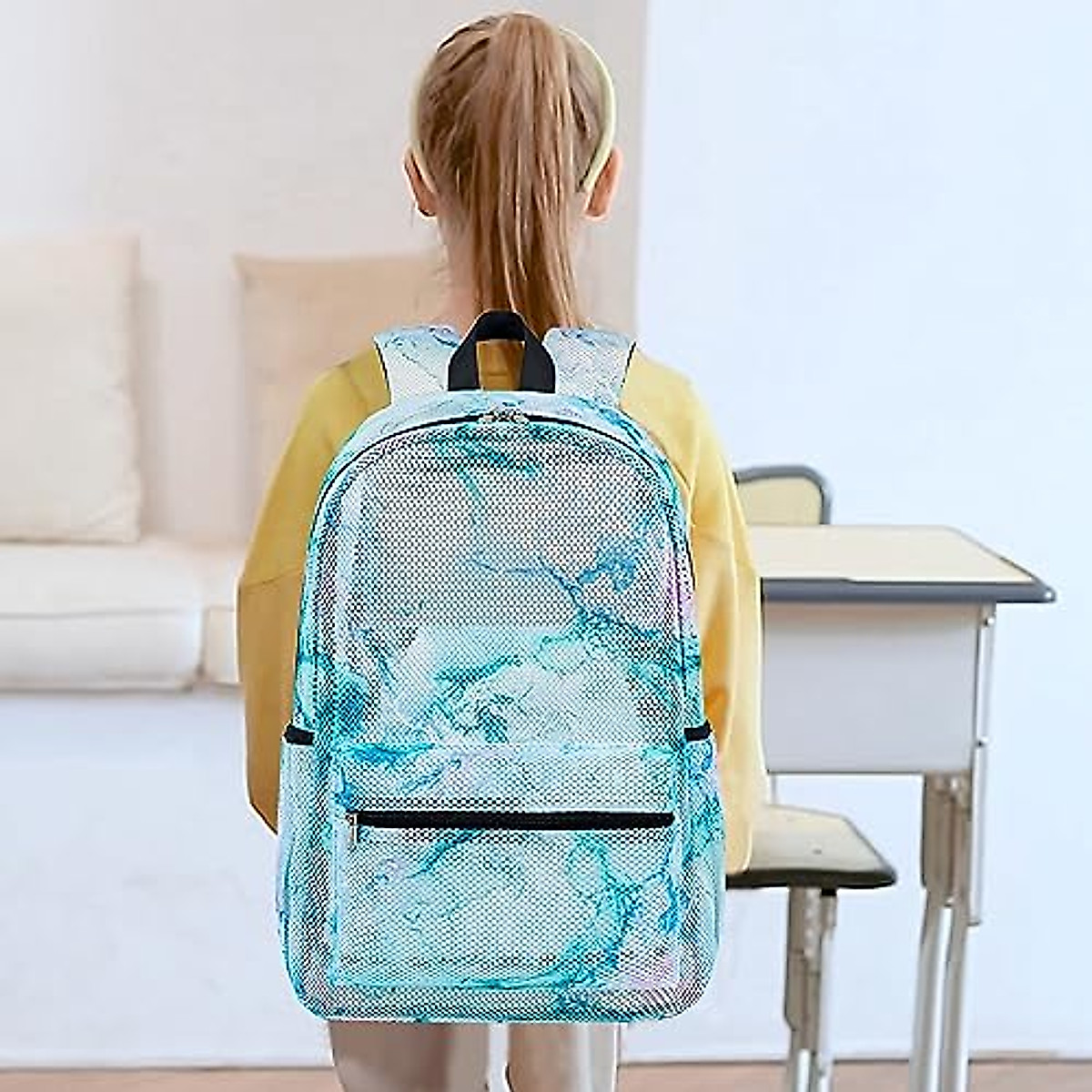 LEDAOU Mesh Backpack for Kids Girls Semi-Transparent Mesh School Backpack Bookbag Lightweight Casual Daypacks for Beach Gym(Marble Purple Blue Green)
