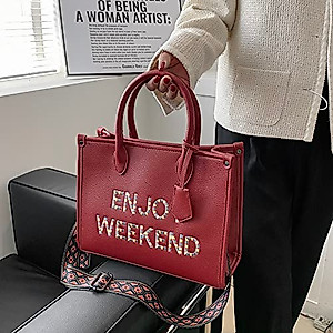 Jechin Fashion Large Handbag Enjoy Weekend Letter Pu Leather Tote Bag for Women Girls (Red)