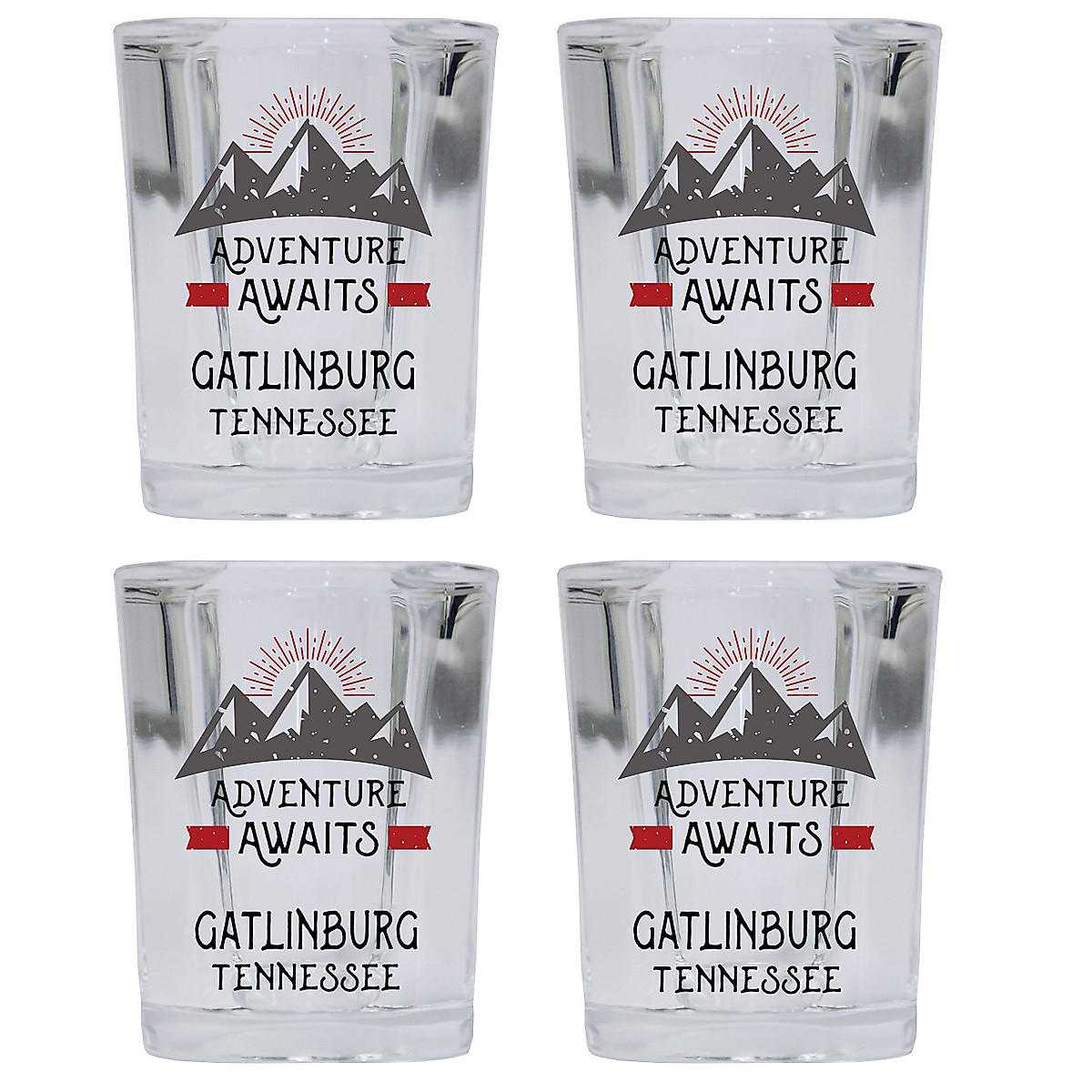 R and R Imports Gatlinburg Tennessee Souvenir 2 Ounce Square Base Liquor Shot Glass Adventure Awaits Design 4-Pack