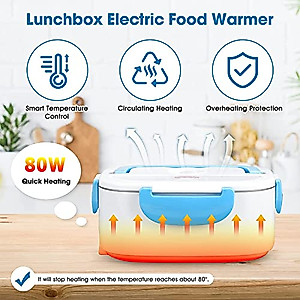HYAUGX Electric Lunch Box Food Warmer 80W Quick Heater for Adult 1.5L Portable Lunchbox 3-in-1 for Truck/Car/Home, Self Heating Box with Removable SS Container/Spoon/Fork/Insulation Bag/Seal Ring