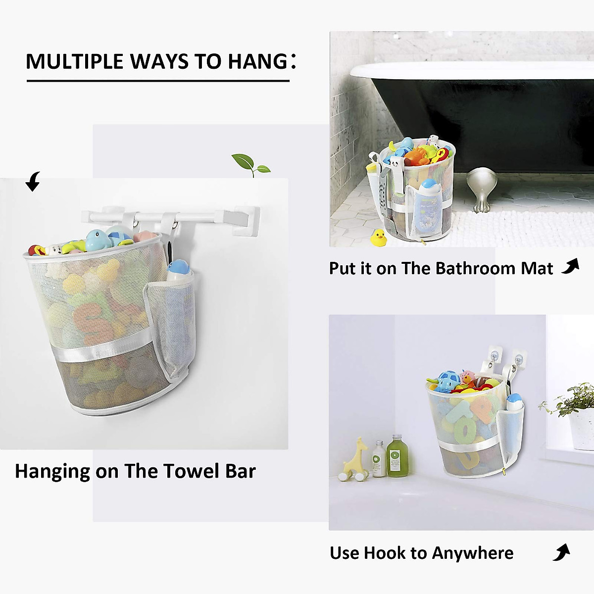 Quick Scoop Mesh Bath Toy Organizer for Tub with YKK Zipper，Multiple Ways to Hang, Ultra Large Capacity & Large Opening, Bathroom Toy Holder, Baby Bath Toys Storage Bag with 2 Side Pockets (White)