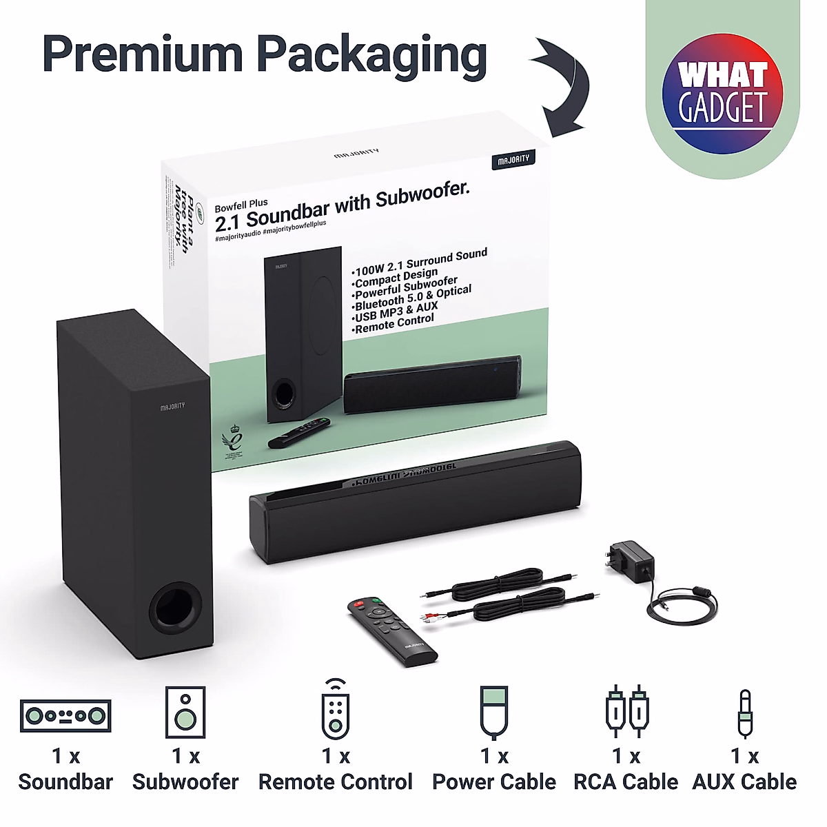 Majority Bluetooth Soundbar with Subwoofer | 100 Watts Sound bar for TV | 2.1 Stereo TV Sound Bar with Optical, RCA, USB, and AUX Playback | TV Speaker Bowfell Plus Sound Bar with Subwoofer