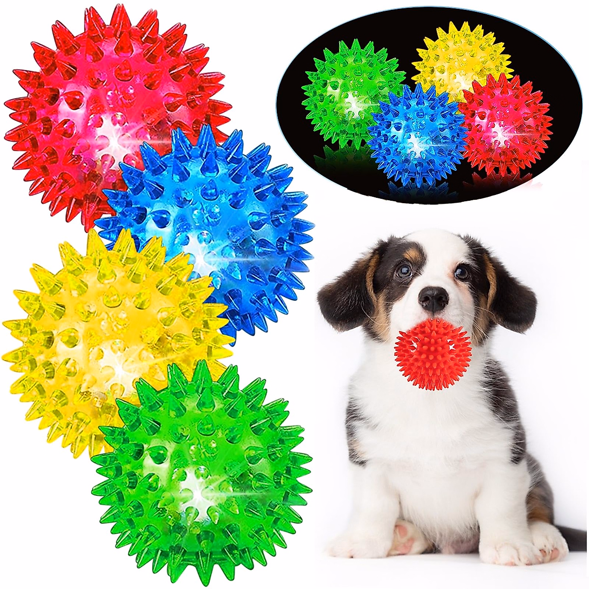 JLVAUVT Light Up Squeaky Dog Balls: Led Dog Balls for Aggressive Chewers Puppy Chew Toys for Teething - Spikey Dog Balls for Small, Medium, Large Dogs