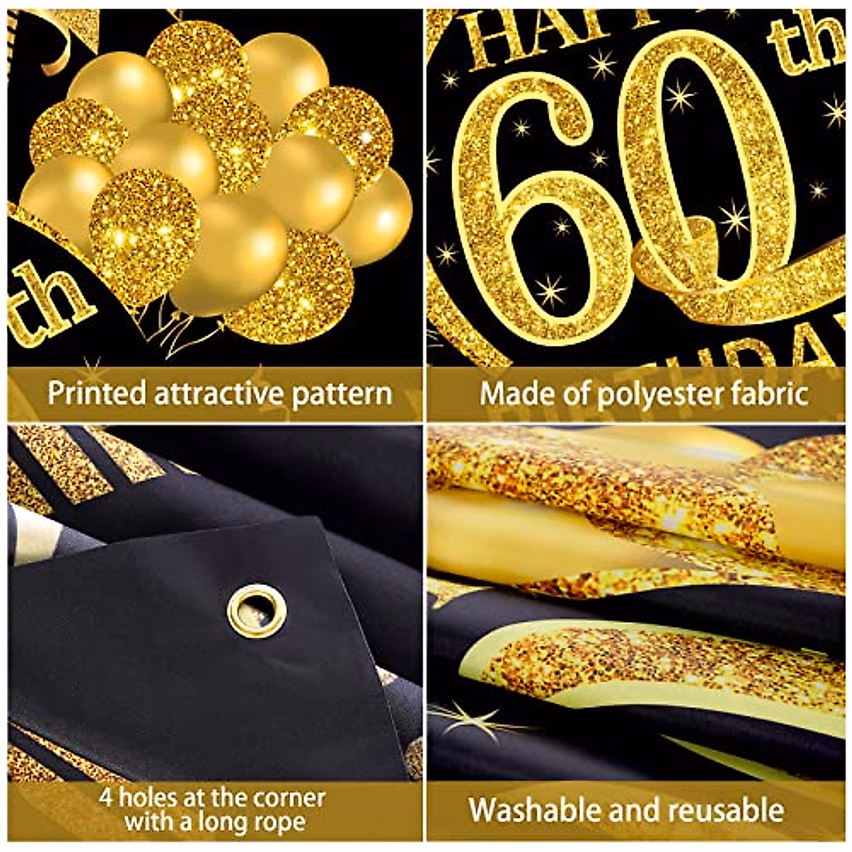 60th Birthday Banner Decorations for Men Women, Black Gold Happy 60 Years Old Birthday Backdrop Party Supplies, Sixty Years old Birthday Photo Booth Decor for Outdoor Indoo​r