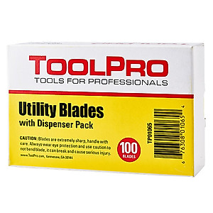 ToolPro Utility Blades - 100 Piece Dispenser Pack, Precision-Cut Blades for Heavy-Duty and General Use, Easy-Access Design for Safe, Quick Blade Dispensing