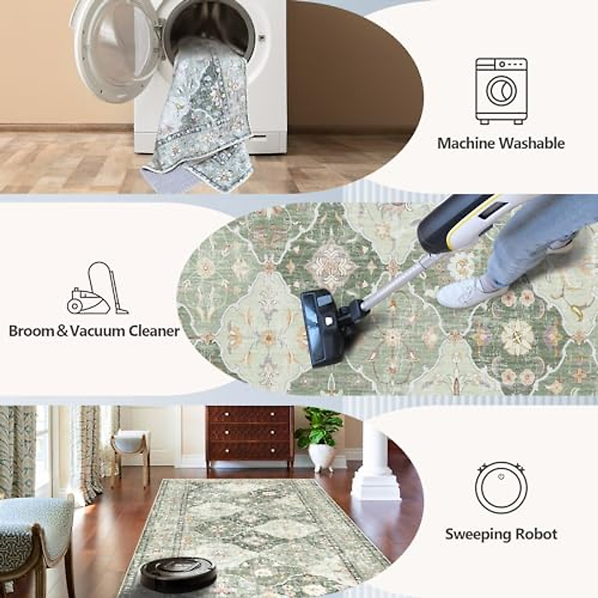 Boho Vintage Area Rugs 5×7 Washable Non-Slip Traditional Green Carpet for Living Room Bedroom Dining Room Farmhouse