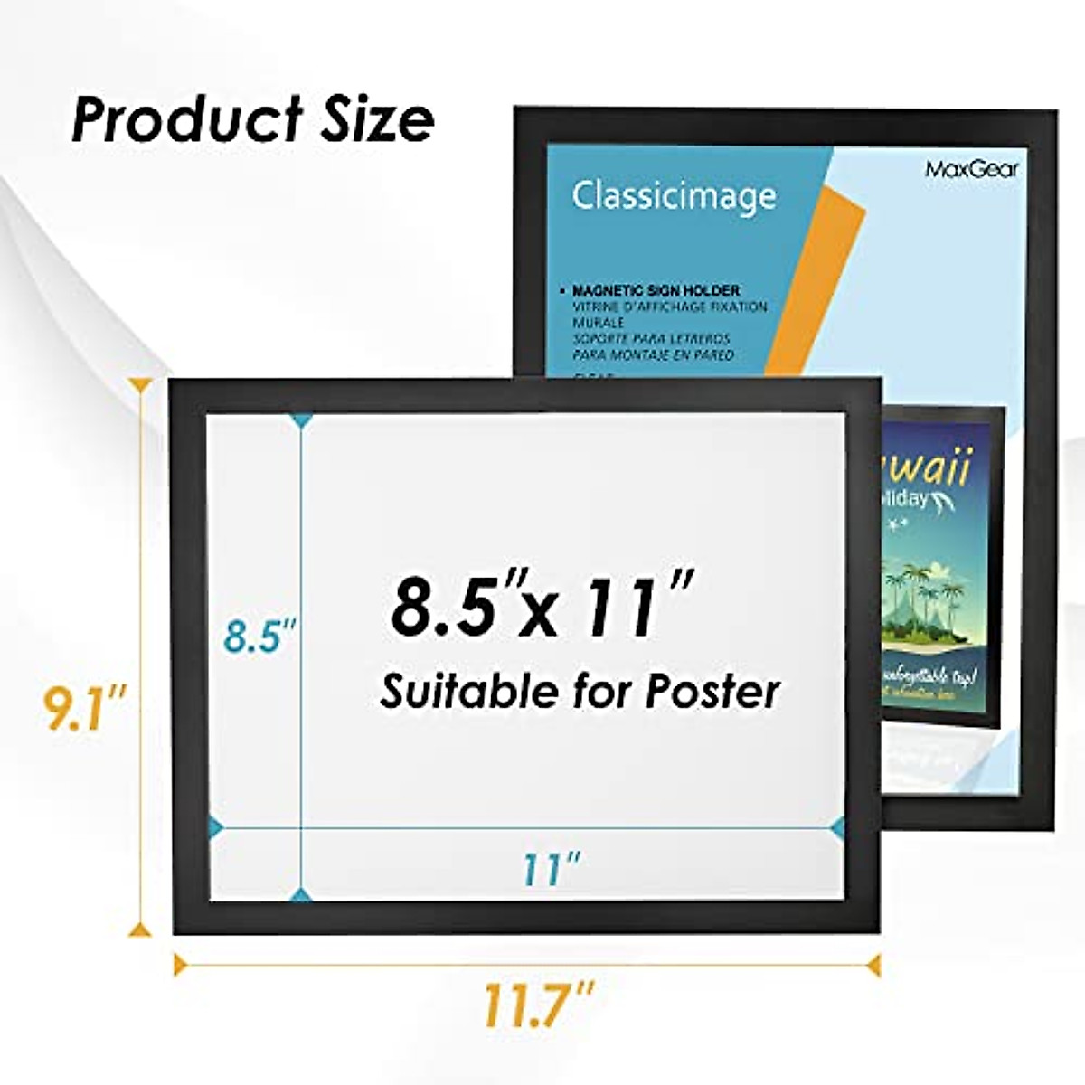 MaxGear Magnetic Sign Holder 8.5 x 11 Wall Mount, Self Adhesive Display Picture Frames with Strong Magentic Border and Clear PVC, Document Poster Paper Holder for Home Office Store (Black, 3 Pack)