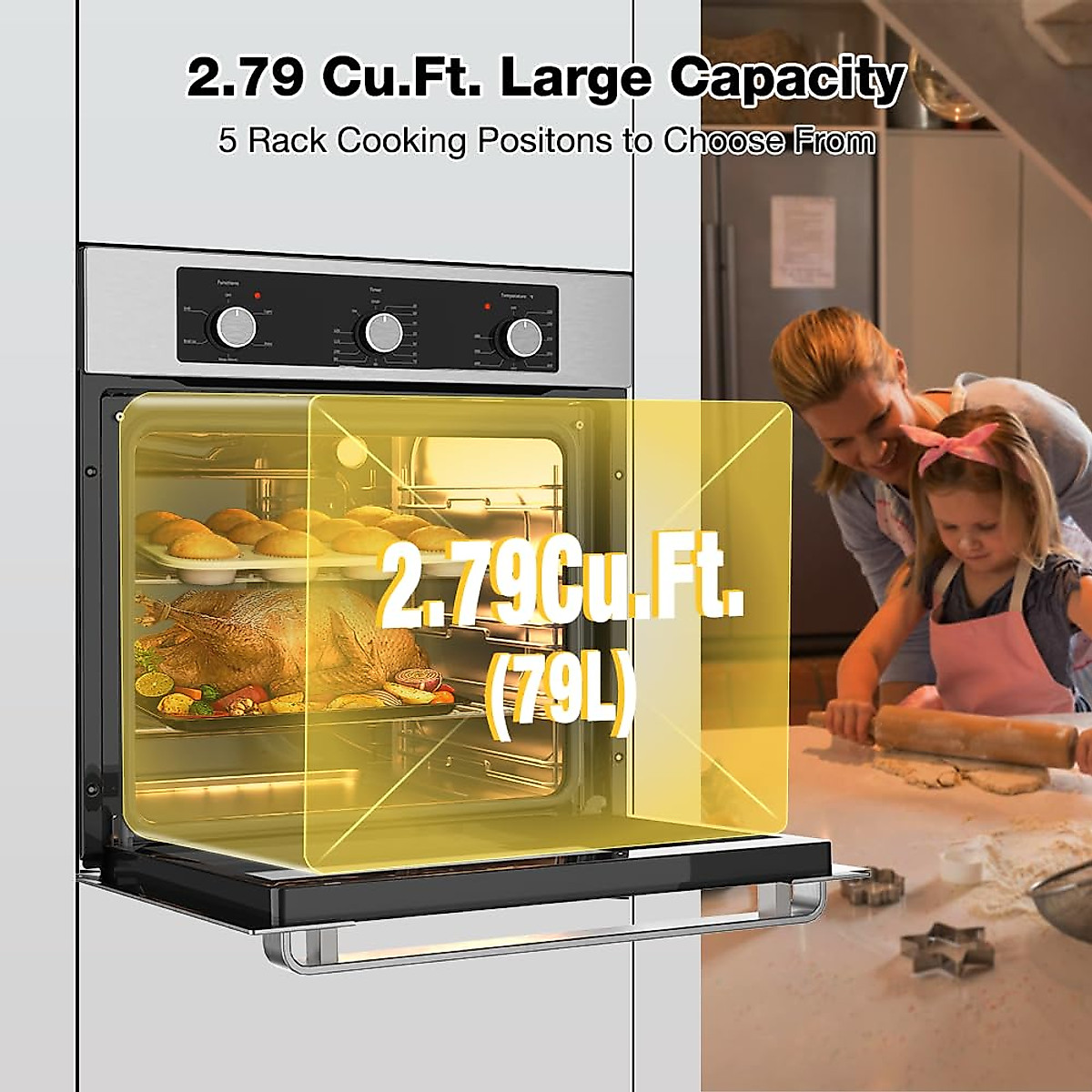 Single Wall Oven, thermomate 24" Built-in Electric Oven with 5 Cooking Functions, 2.79 Cu.ft. Electric Wall Ovens with Stainless Steel Finish, Mechanical Knobs Control, ETL Certified