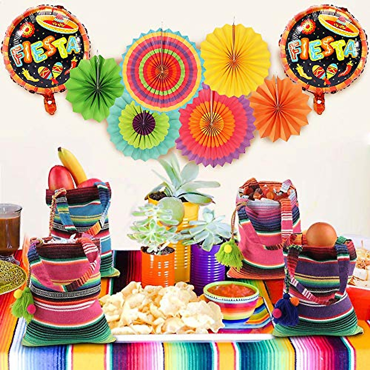 32 PCS Fiesta Mexican Party Decoration Fiesta and Cactus Balloons Paper Fans Pom Poms Triangle Bunting Banner for Fiesta Mexican Cinco De Mayo Birthday Party Supplies