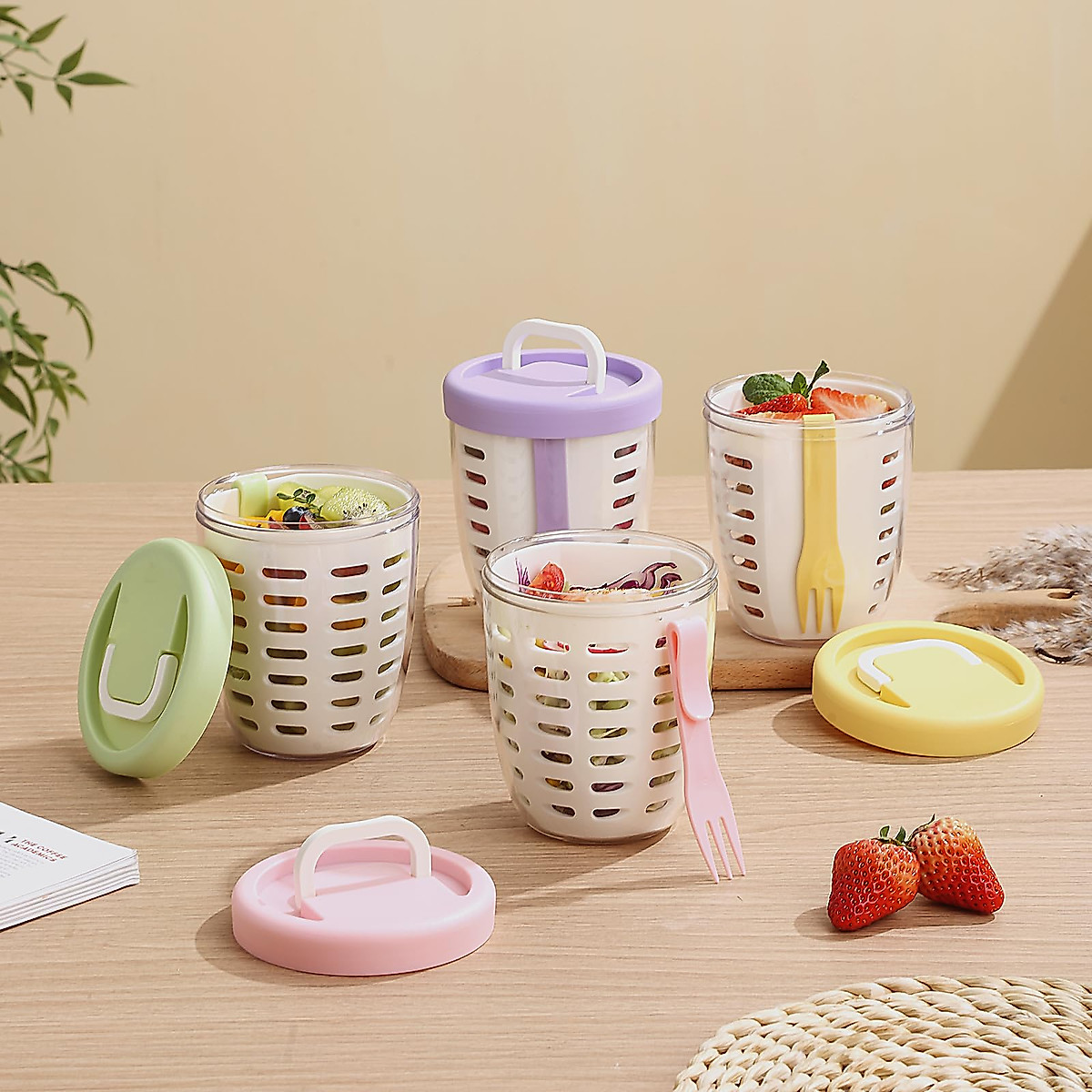 Audest Fruit Salad Storage Cup With Lids and Fork, 20 Oz Plastic Airtight Fruit Storage Containers for fridge with BPA-Free, Leak-Proof, Reusable for Office,Party,Travel