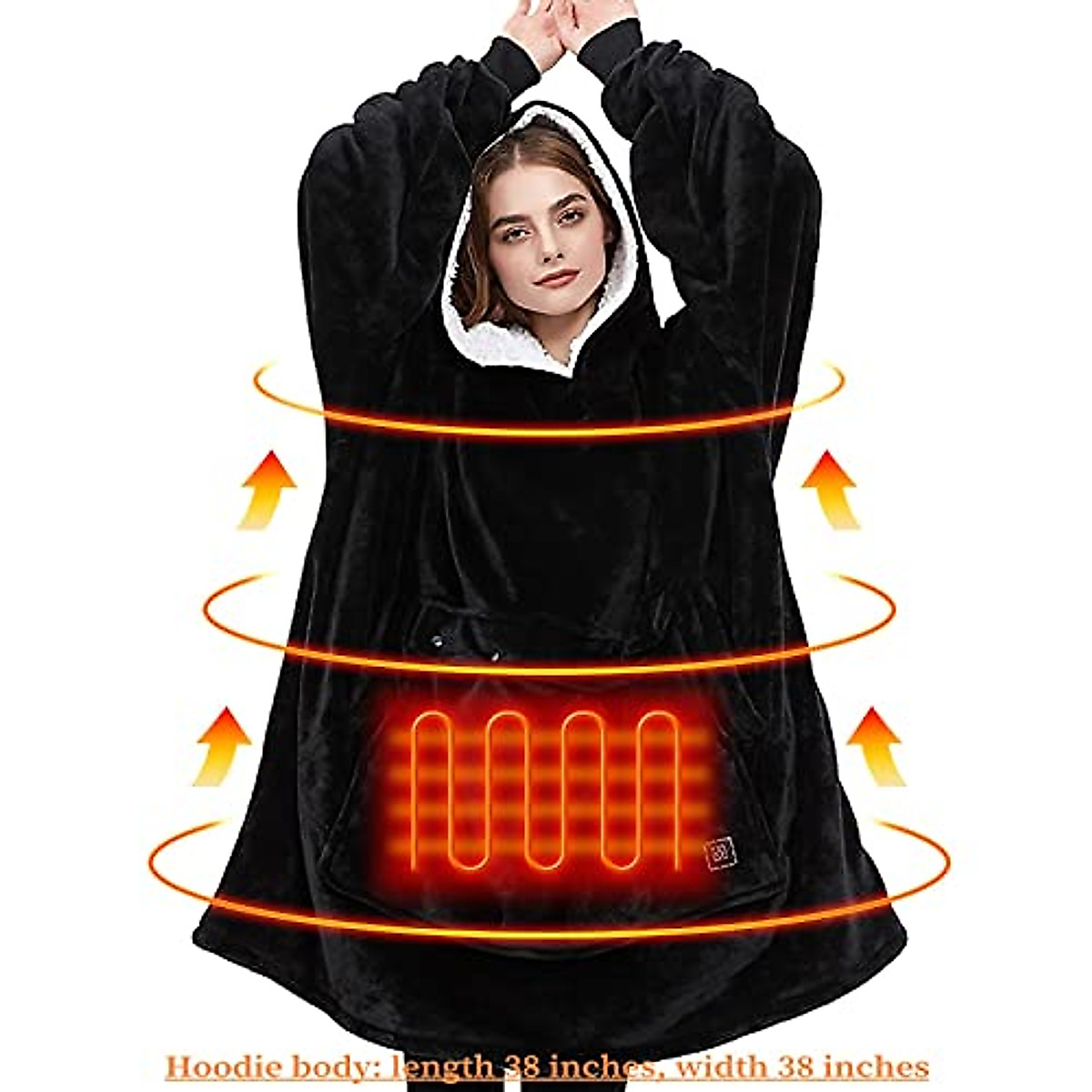 Electric Heated Wearable Blanket Hoodie, Oversized Blanket Sweatshirt for Women/Men Without Battery and Adapter (Black)