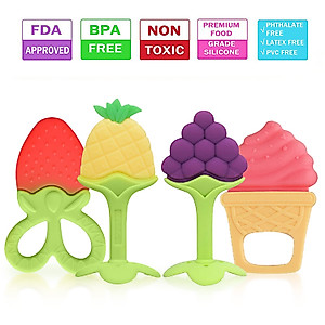 SLGOL Fruit Teething Toys for Babies 4 Pack, BPA Free Silicone Teethers for 3 Month+ Little Boy & Girl Cute Infant and Shower Gifts