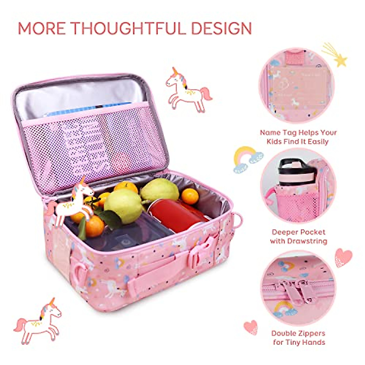 Kids Lunch Box Insulated with 2 Reusable Ice Packs, Large Lunch Bag Soft, Double Insulated, Durable, Water-Resistant Fabric with Zippered Pockets and Bottle Holder, Thermal Meal Tote Kit, Unicorn