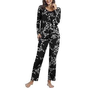 POPYOUNG Women's pyjamas set, Fall Winter lounge sets for women 2 piece Sleepwear Long Sleeve With Pockets Ladies Pjs Set L, White FL Carvings