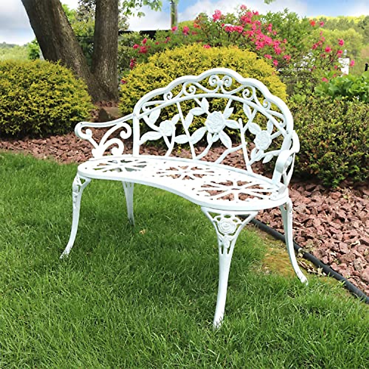 Sunnydaze 2-Person Classic Rose Cast Aluminum White Outdoor Garden Bench