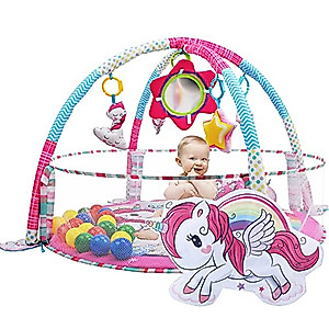 BATTOP Baby Play Mat Activity Gym,4-in-1 Play Gym with Ball Pit,Sensory Toys,Mirror,Head Rest,Cognitive Development Baby Activity Play Mat,Non Slip Tummy Time Mat for Newborns,Babies,Toddlers（Pink）