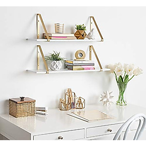 Kate and Laurel Soloman White Wooden Shelves with Gold Metal Brackets, 2 Piece Set