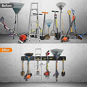 Garage Tool Organizer Storage Rack, Garage Organizers Wall Mount Storage System with 6 Removable Hooks, Super Heavy Duty Steel Garden Tool Hanger Rack for Chair, Broom, Mop, Rake Shovel Yard Tools