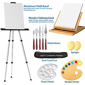 KEFF Large Super Deluxe Artists Painting Set - Professional Art Paint Kit Supplies for Adults and Kids with Acrylic, Watercolor & Oil Paints, Field & Table Easel, Canvases, Brushes and More