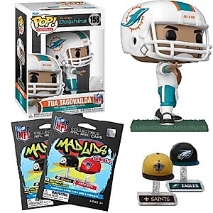 Team Football Dolphins Pop Figure Tua Tagovailoa Player Bunded woth Mad Lids Cap Blind Bag 2 Pack Case National League 3-Items