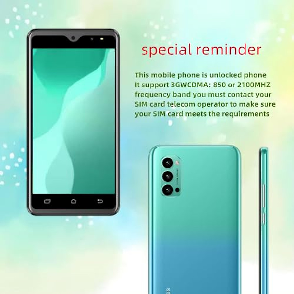 1G RAM 4G ROM，X11 aderroo Android Smartphone, 5.0-inch Screen，Front and Rear Cameras，Only Supports Dual SIM Card Frequency Band of 3GWCDMA：850/2100MHZ，Unlocked Cell Phone（Blue-Green）