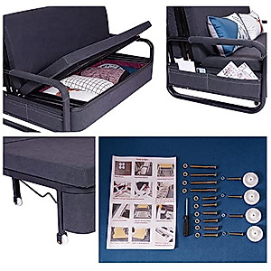 PIAQIA Convertible Pull Out Sofa Bed Sleeper with Storage, Linen Upholstered Folding Futon Couch with 1” Natural Latex Mattress, Suitable for Compact Space, Guest Room, Workshop, Dark Gray, 59" Width