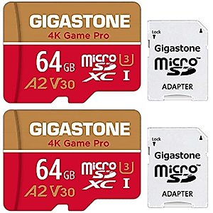 [5-Yrs Free Data Recovery] Gigastone 64GB 2-Pack Micro SD Card, 4K Game Pro, MicroSDXC Memory Card for Nintendo-Switch, GoPro, Security Camera, DJI, UHD Video, R/W up to 95/35MB/s, UHS-I U3 A2 V30 C10
