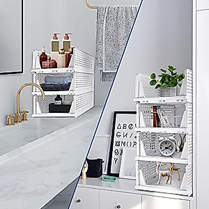 Mupera Stackable Plastic Storage Basket - Upgraded Large White Folding Storage Bins, Plastic Push-pull Clothes Organizer Shelf, Collapsible Storage Organizer for Wardrobe Bathroom Kitchen (4 Pack)