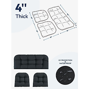 ZEOLABS Wicker Chair Cushions of 3 Pieces Waterproof Tufted Outdoor Seat Cushions for Patio Furniture Sofa Settee Couch,1 Loveseat and 2 U-Shaped Cushions,Black