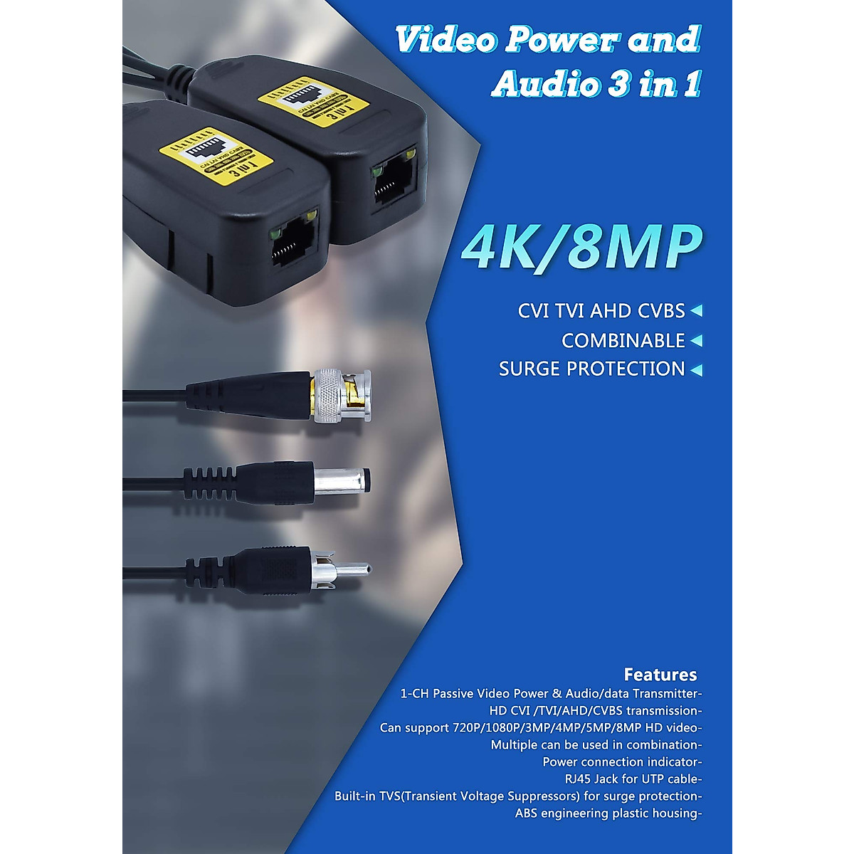 5 Pairs 8MP/4K Passive HD BNC Video Power Audio Balun Transceiver Transmitter Via UTP RJ45 Cable AHD/TVI/CVI/CVBS Cable Connectors for 720P/960P/1080P/3MP/5MP/8MP CCTV Security Cameras