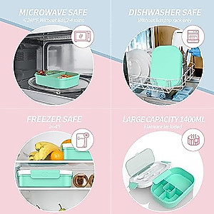 RGNEIN Bento Box Adult Lunch Box, 1300 ML 4-Compartment Bento Lunch Box for Kids, No BPA, Lunch Containers for Adults Come with Fork and Spoon, Leak Proof, Microwaveable, Dishwasherable (Green)