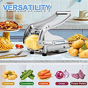French Fry Cutter with 2 Blades, Professional Potato Cutter Stainless Steel, Potato Slicer French Fries, Press French Fries Cutter for Potato