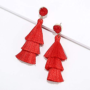 LEGITTA Red Tassel Earrings with Druzy Stud Layered Tiered Linear Drop Dangle Fashion Bohemian Earrings for Women