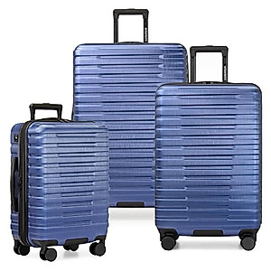 U.S. Traveler Boren Polycarbonate Hardside Rugged Travel Suitcase Luggage with 8 Spinner Wheels, Aluminum Handle, Navy, 3-Piece Set, USB Port in Carry-On