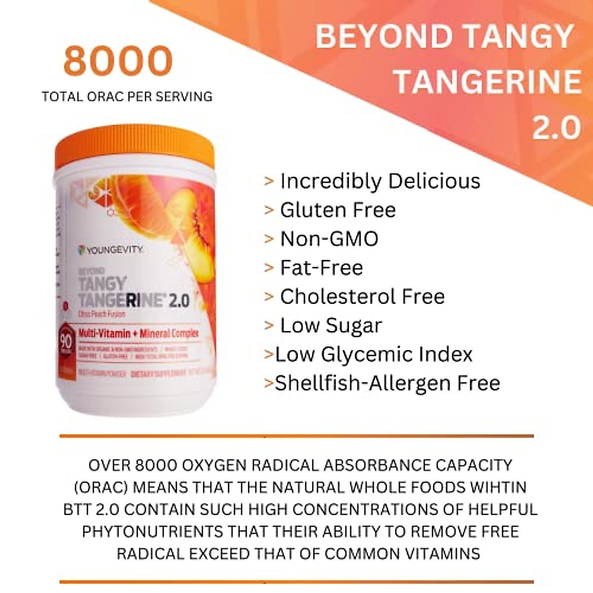 Youngevity Beyond Tangy Tangerine 2.0 Citrus Peach Fusion Multi-Vitamin & Mineral Complex - Made with Natural & Whole Foods | 8,000 ORAC
