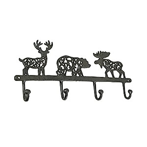 Zeckos Wilderness Charm - Rustic Brown Cast Iron Moose, Bear, and Deer Wall Mounted Hook Rack - Cabin or Lodge Decor Accent - 13.75 Inches Long - Easy Installation