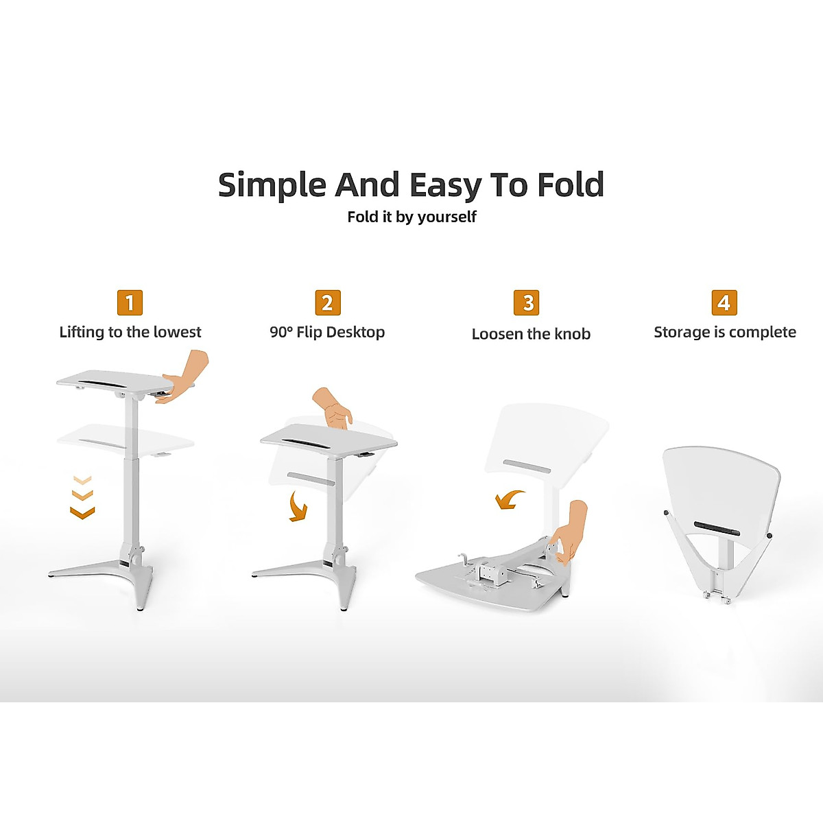 Claiks Mobile Standing Desk, Portable Rolling Standing Desk with Wheels, Pneumatic Height Adjustable Sit-Stand Desk Workstation with 90° Tiltable, Foldable Desk with Non-Slip Computer Stand, White