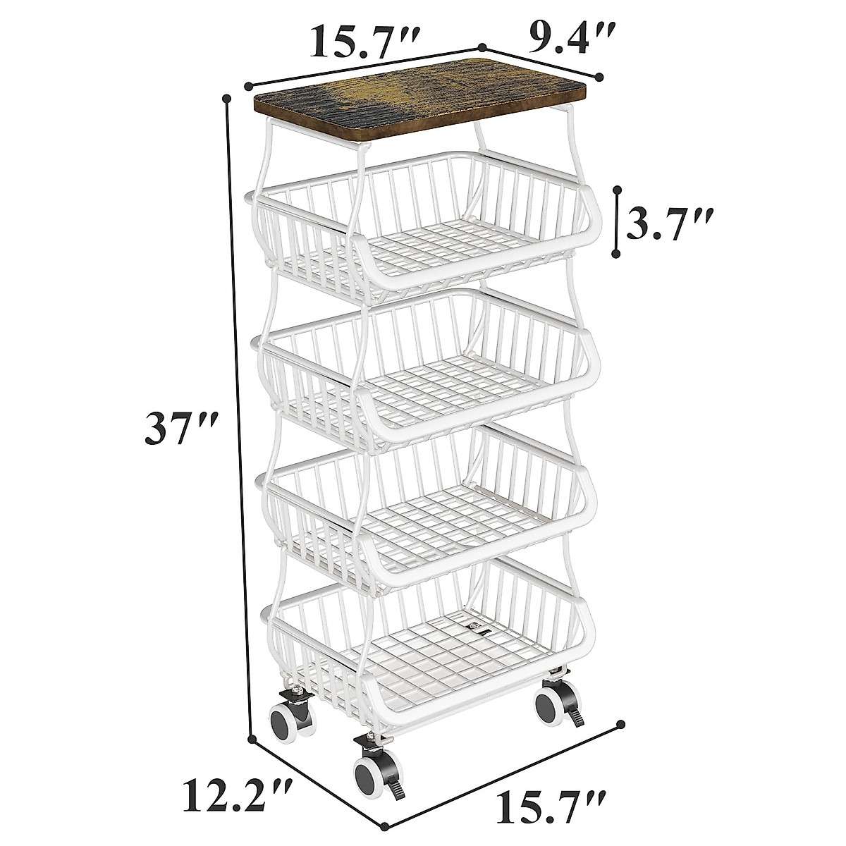 Fruit Basket for Kitchen with Wood Top 5 Tier, SAYZH Stackable Fruit and Vegetable Storage Cart, Wire Storage Basket with Wheels, Vegetable Basket Bins Rack for Onions and Potatoes, White