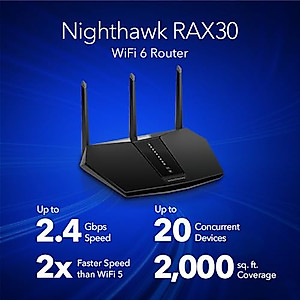 NETGEAR Nighthawk WiFi 6 Router (RAX30) 5-Stream Dual-Band Gigabit Router, AX2400 Wireless Speed (Up to 2.4 Gbps), Coverage Up to 2,000 sq.ft. and 20 Devices