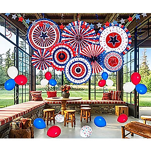90shine 37PCS 4th/Fourth of July Decorations Set - Red White Blue Patriotic Memorial Day Paper Fans + Hanging Swirls + Star Streamer + Balloon Garland Home Outdoor Birthday Party Decor Supplies
