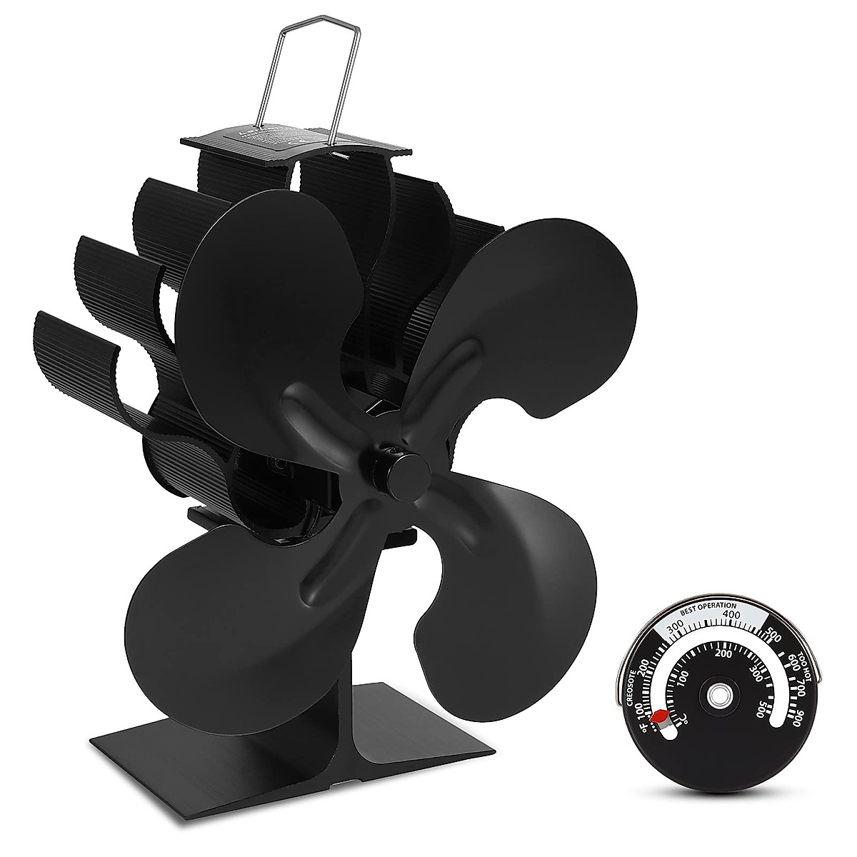 LerkeHony 4 Silent Heat Powered Stove Fan, Log Burner Fan with a Thermometer, Eco Friendly Heat Circulation for Wood/Log Burner/Fireplace/Free Stove Thermometer Satin/Black