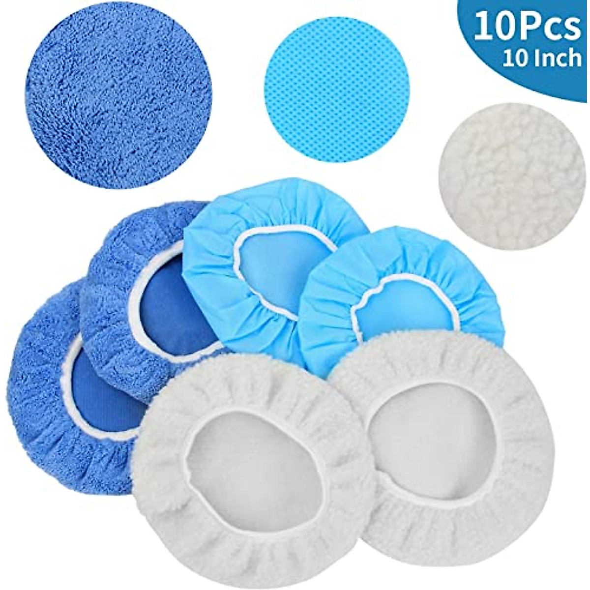 URLWALL 10PCS 9-10 inch Polisher Pad Bonnet Orbital Car Buffing Polishing Pad Cover - 5PCS Microfiber Polish Pad, 3PCS Car Wax Buffer Pads, 2PCS Woolen Fleece Polishing Bonnet for Car Waxing Machine