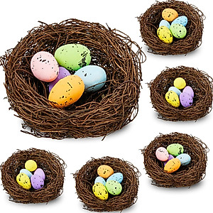 6 Pcs Faux Bird Nest with Eggs Artificial Small Rattan Nest Decoration Handmade Decorative Miniature Birds Nests for Crafts, Party, Patio Decoration, Home Garden Decor