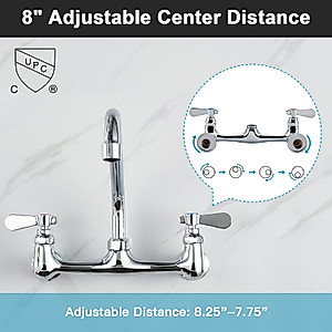 Favorpo Wall Mount Faucet 8 Inches Center Commercial Kitchen Faucet, 12 Inches Swivel Spout Wall-Mount Utility Sink Faucets, 2 Handle Wall Mounted Faucets for Kitchen Laundry Room Restaurant