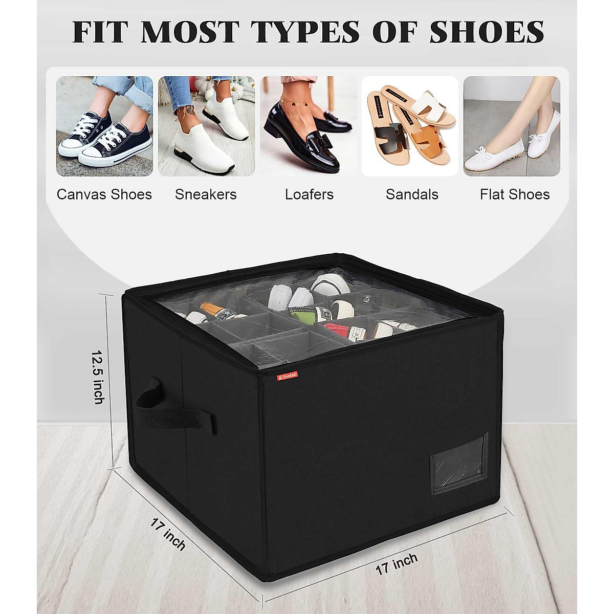 Livelab Foldable Shoe Organizer, Space Saving Fabric Shoe Holder for Closet, Adjustable Dividers for Shoe Storage Bins with Clear Cover & Bottom Support, Shoe Cube Organizer Up to 16 Pairs (Black)